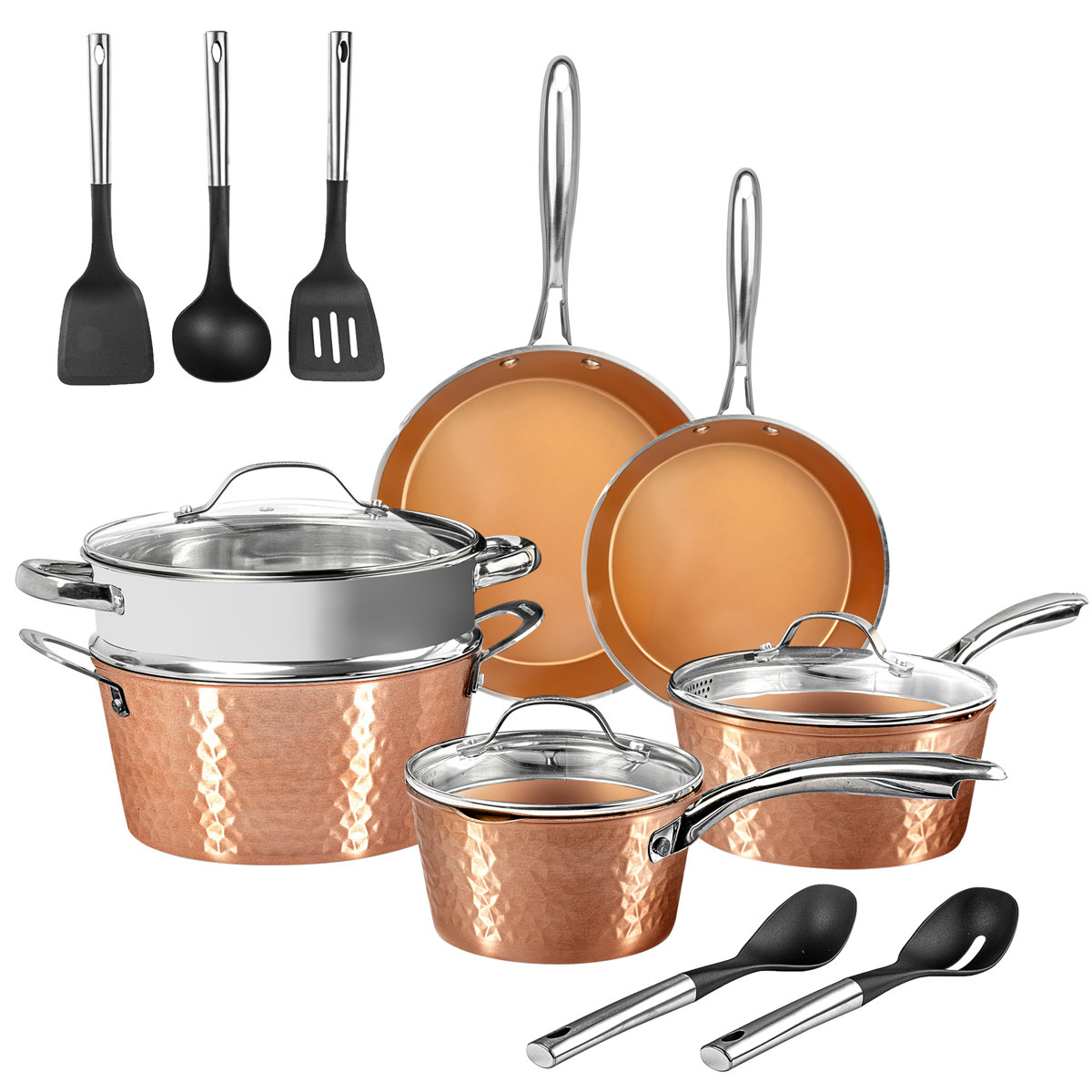 Gotham Steel Hammered Copper 15 Piece Nonstick Cookware Set With Utensils & Reviews | Wayfair